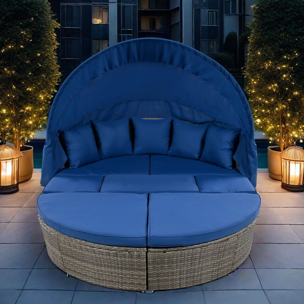 Bungalow Rose Kateisha 66.1'' Wide Outdoor Round Sunbed with Canopy and Five Pillows | Wayfair